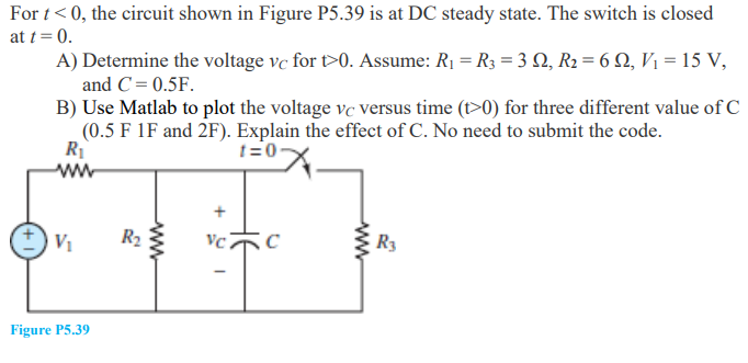 Solved For t0, the circuit shown in Figure P5.39 is at DC | Chegg.com