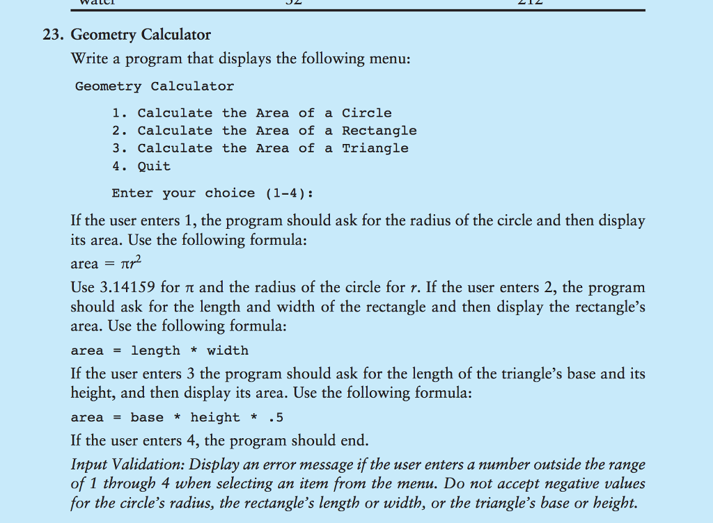 Solved 23. Geometry Calculator Write a program that displays | Chegg.com