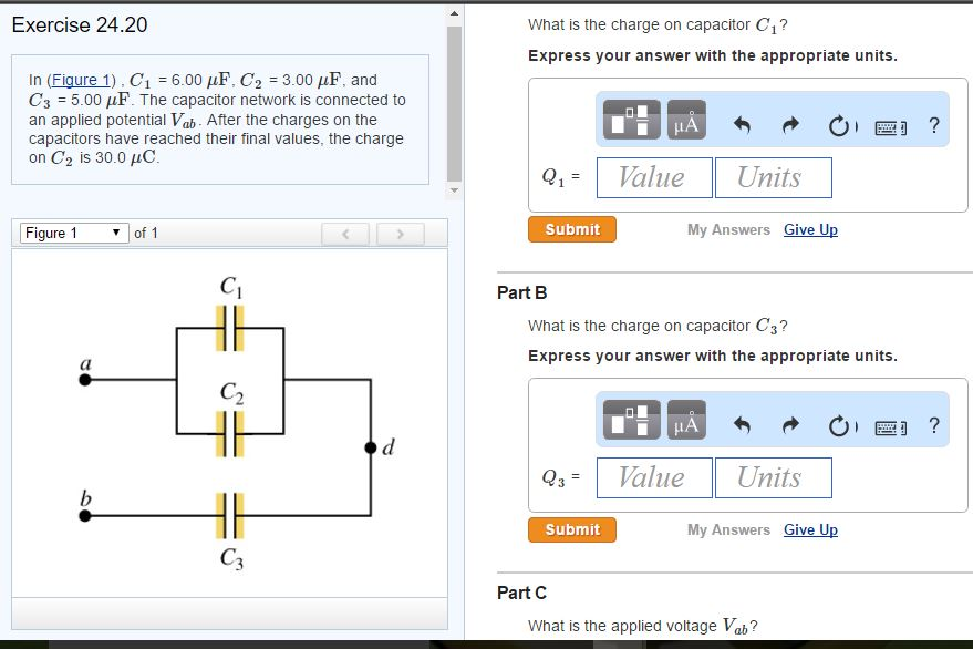 Solved Exercise 24.20 What is the charge on capacitor C1? | Chegg.com