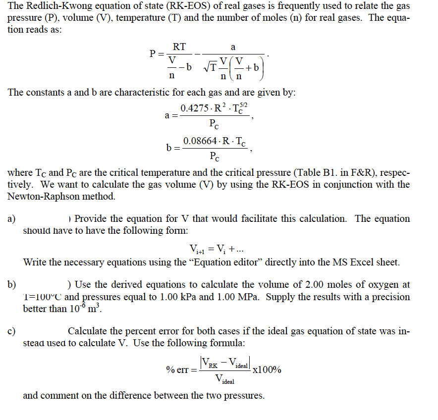 Solved The Redlich-Kwong equation of state (RK-EOS) of real | Chegg.com