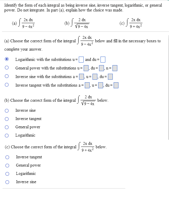 Solved Identify the form of each integral as being inverse | Chegg.com