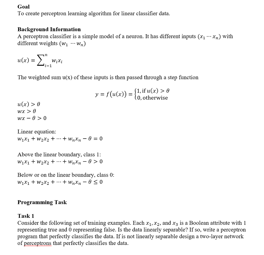 Goal To create perceptron learning algorithm for | Chegg.com