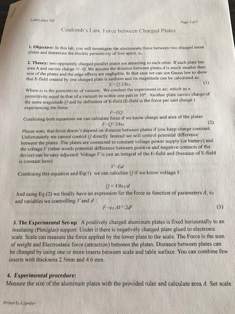 Solved Labi2 phys 102 Pagr lof3 Coulomb's Law. Force between | Chegg.com