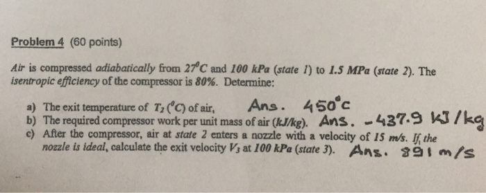 Solved Air is compressed adiabatically from 27 degree C and | Chegg.com