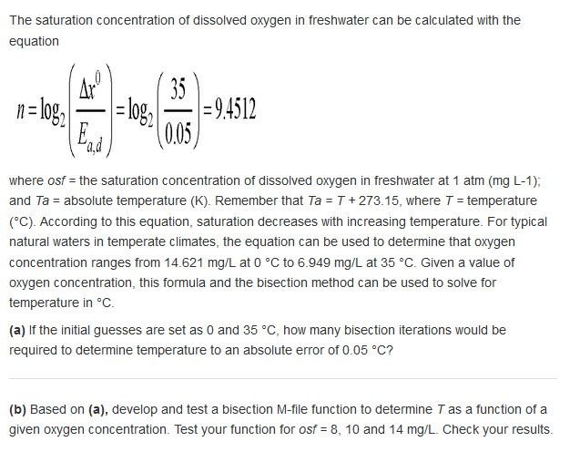 The saturation concentration of dissolved oxygen in | Chegg.com