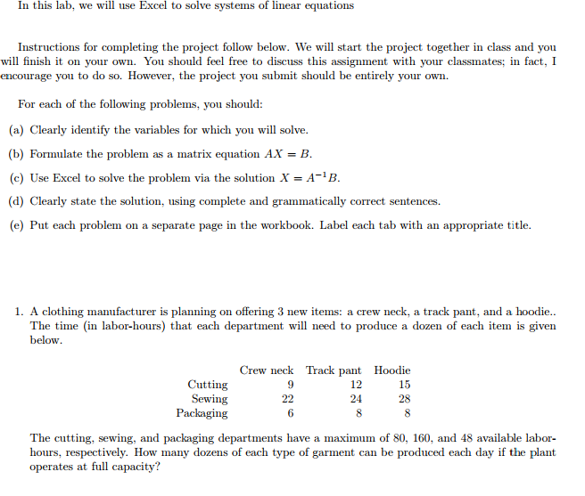 Solved In this lab, we will use Excel to solve systems of | Chegg.com