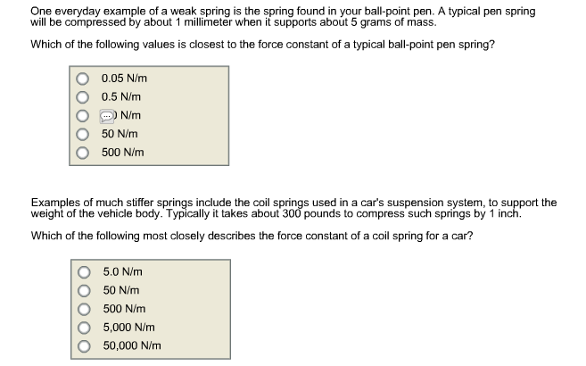 Solved One everyday example of a weak spring is the spring | Chegg.com