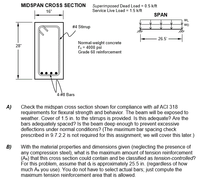 Solved MID SPAN CROSS SECTION Superimposed Dead Load = 0.5 | Chegg.com