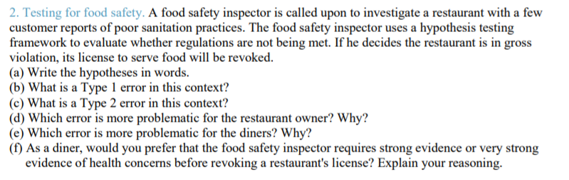 Solved 2. Testing for food safety. A food safety inspector | Chegg.com