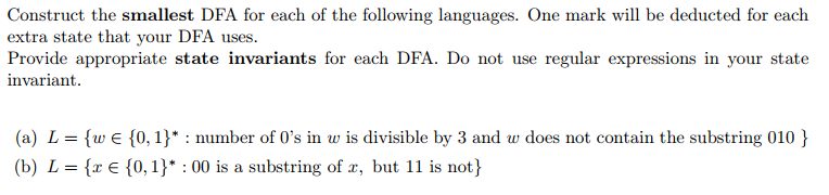 Solved Construct the smallest DFA for each of the following | Chegg.com