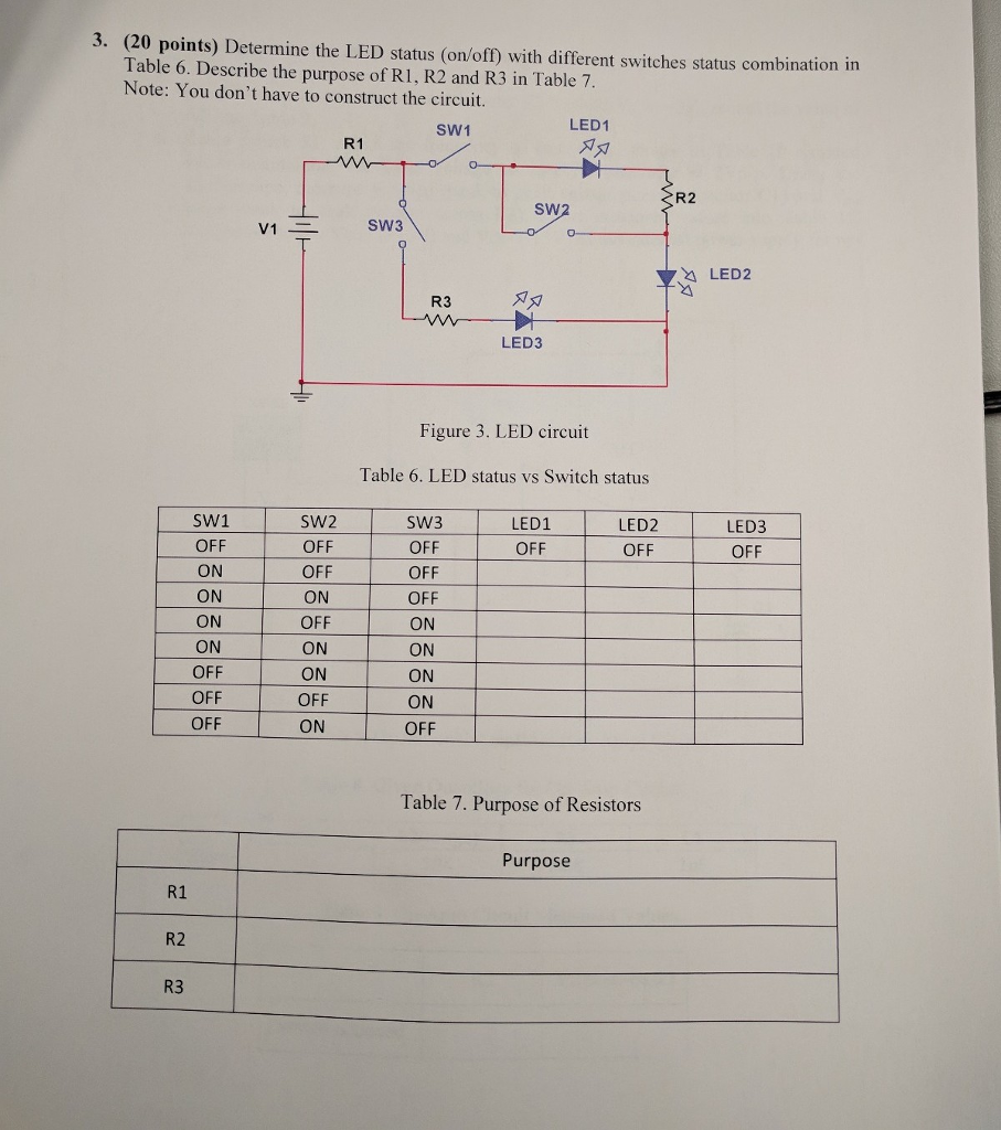 Solved 3. (20 points) Determine the LED status (on/off) with | Chegg.com