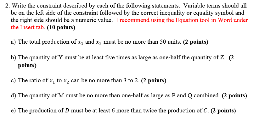 Solved 2 Write The Constraint Described By Each Of The 8021