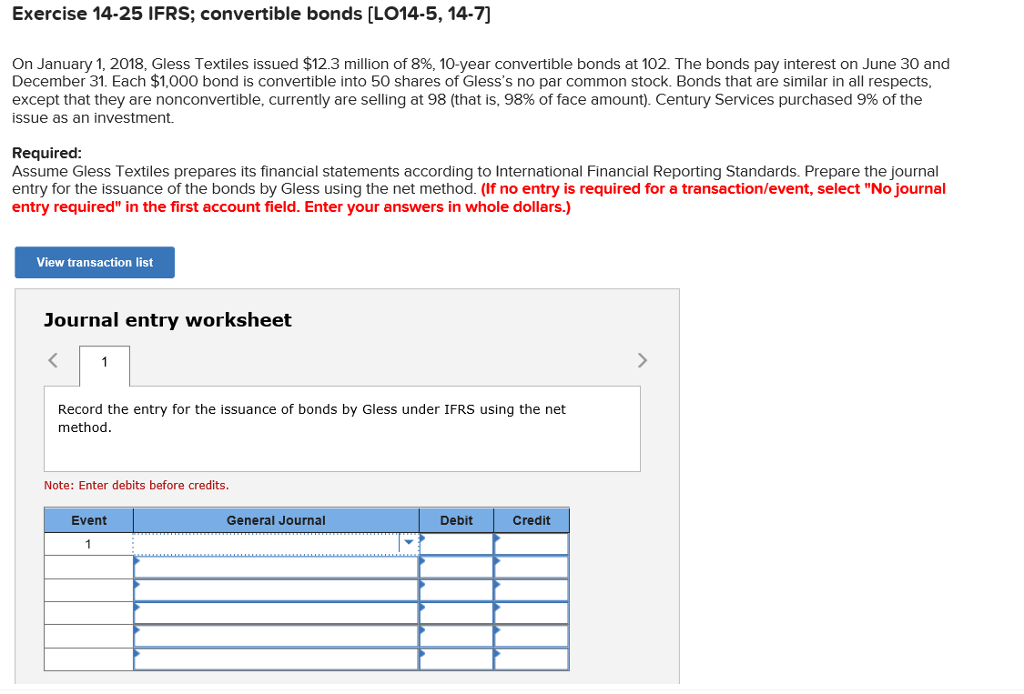 Solved Exercise 14-25 IFRS; convertible bonds [LO14-5, 14-7] | Chegg.com