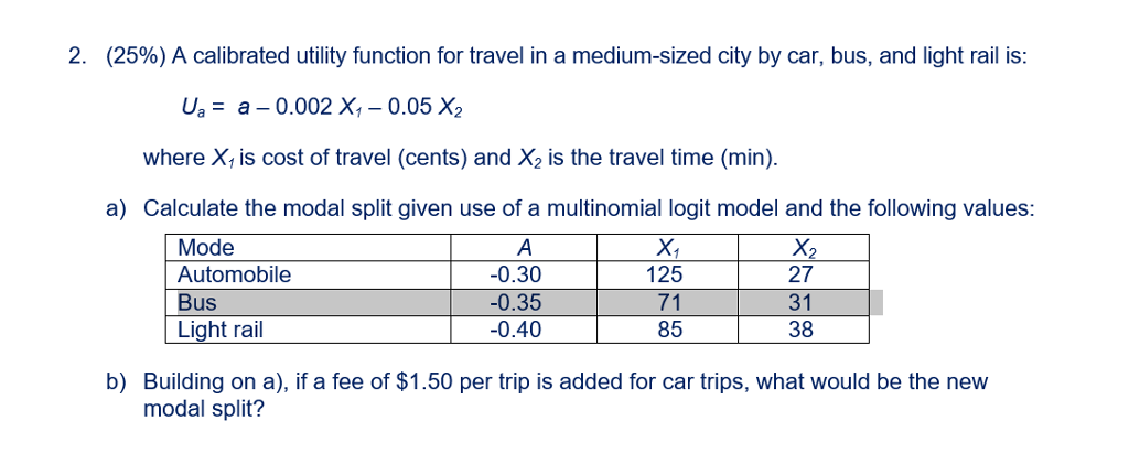 Solved 2, (25%) A calibrated utility function for travel in | Chegg.com