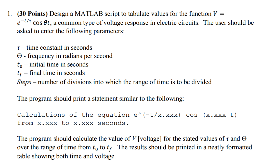 Solved Design A Matlab Script To Tabulate Values For The