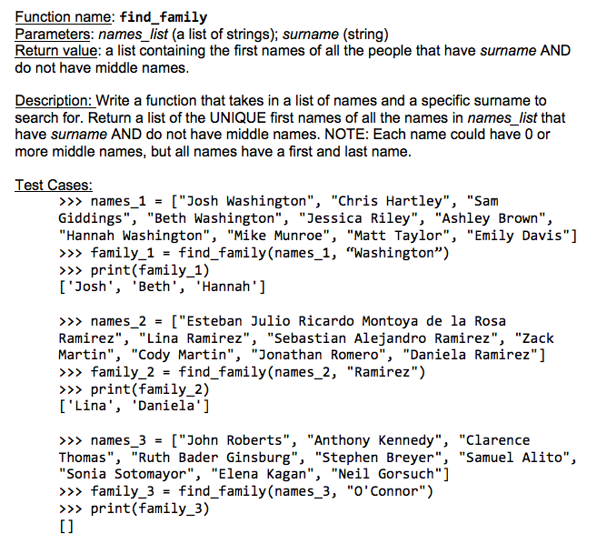 Solved Function name: find_family Parameters: names_list (a | Chegg.com