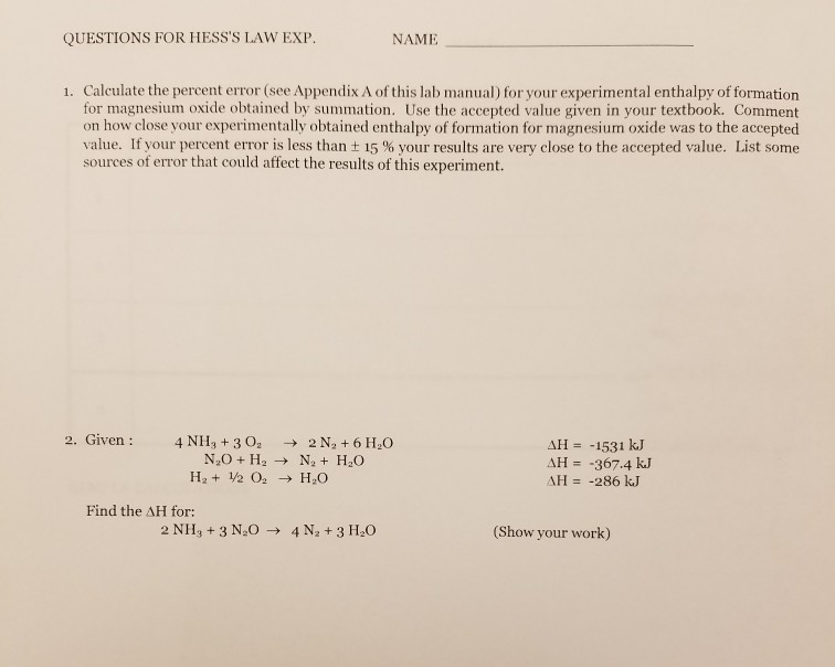 Solved Calculate the percent error (see Appendix A of this | Chegg.com