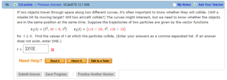 Solved 10. 0/2 points | Previous Answers SCalcET8 13.1.049 | Chegg.com