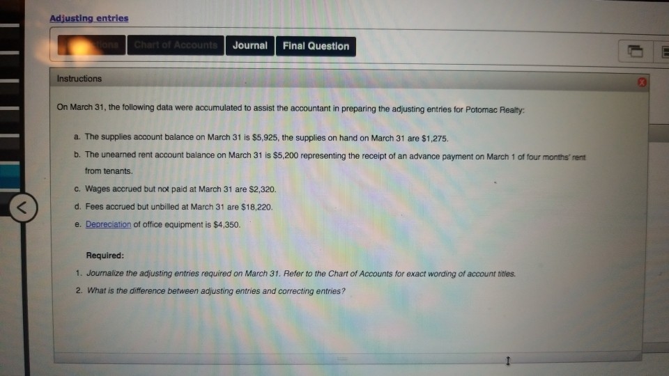 Solved Adjusting entries JournalFinal Question Instructions | Chegg.com