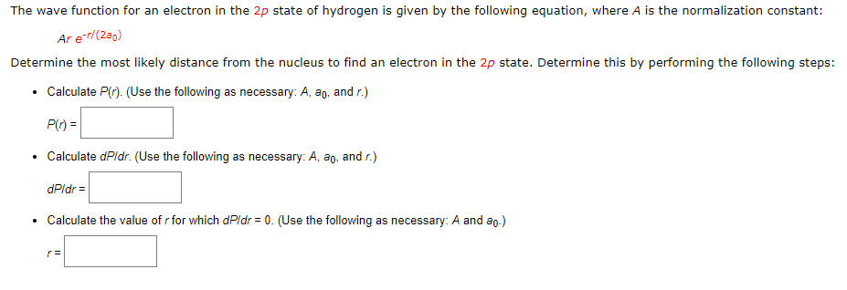 Solved The Wave Function For An Electron In The 2p State Of