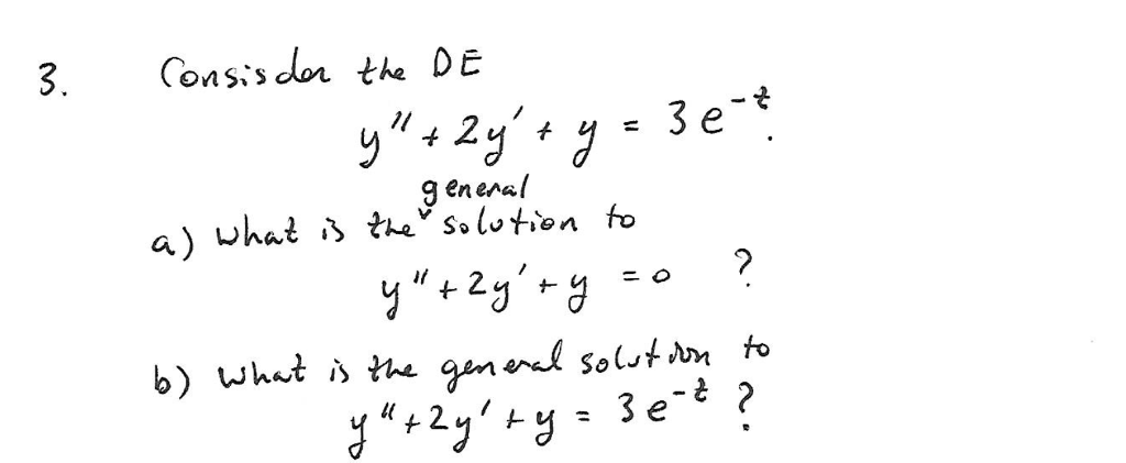 Solved Consider the DE y" + 2y' + y = 3 e^-t. a) What is | Chegg.com