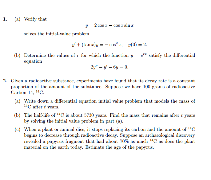 Solved 1. (a) Verify that y 2 cos cos z sin r solves the | Chegg.com