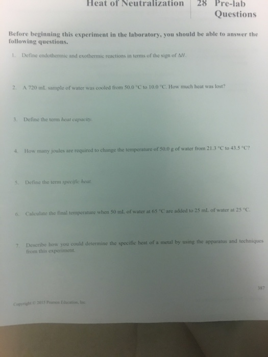 Solved Heat of Neutralization 28 Pre-lab Questions Before | Chegg.com