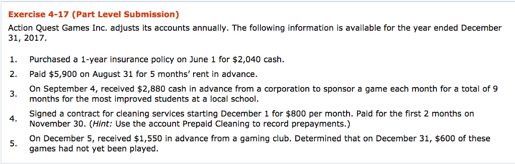 Solved Exercise 4-17 (Part Level Submission) Action Quest | Chegg.com