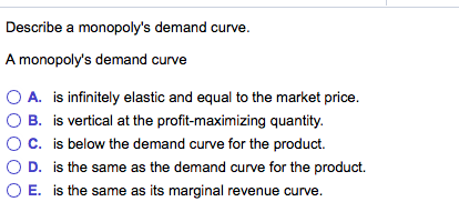 Solved Describe a monopoly's demand curve. A monopoly's | Chegg.com