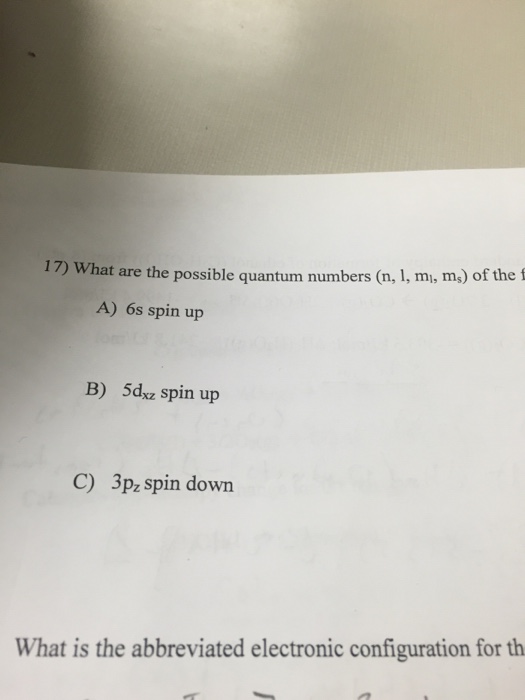 Solved What are the possible quantum numbers (n, 1, ml, ms) | Chegg.com