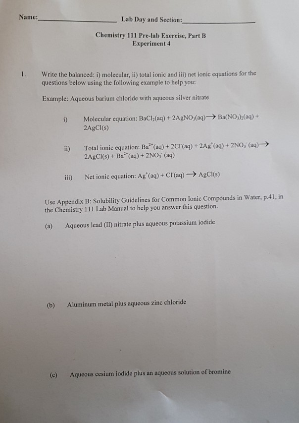 Solved Name: Lab Day and Section Chemistry 111 Pre-lab | Chegg.com