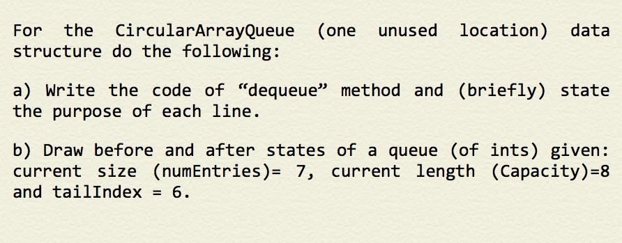 Solved For the CircularArrayQueue (one unused location) data | Chegg.com