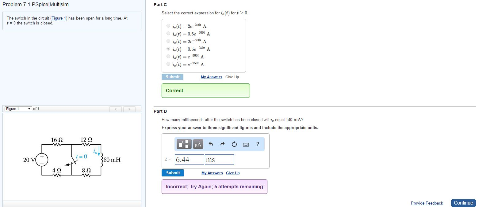 Solved The switch in the circuit (Figure 1) has been open | Chegg.com