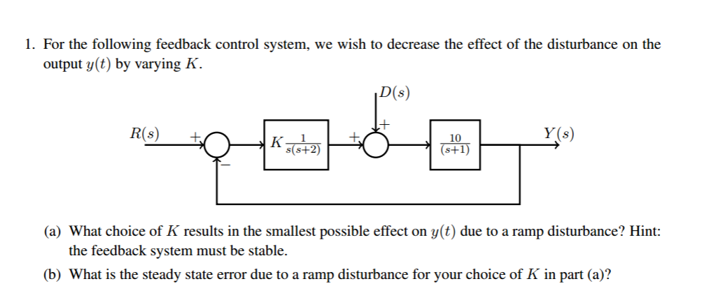 Solved 1. For the following feedback control system, we wish | Chegg.com