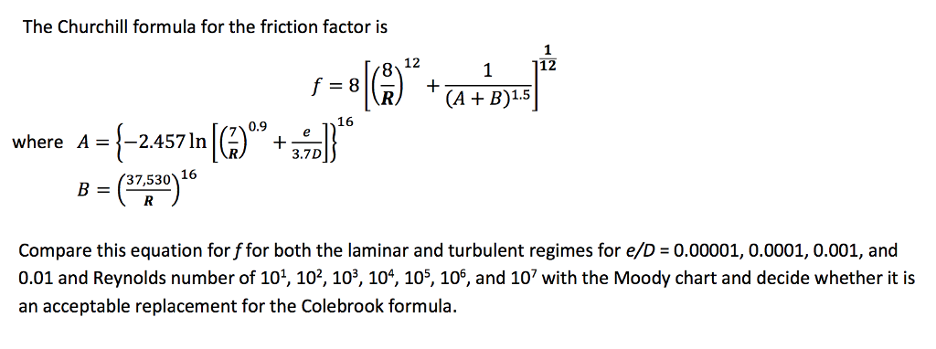 Solved The Churchill formula for the friction factor is f = | Chegg.com