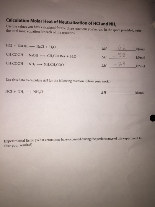 Solved Calculation Molar Heat of Neutralization of HCI and | Chegg.com