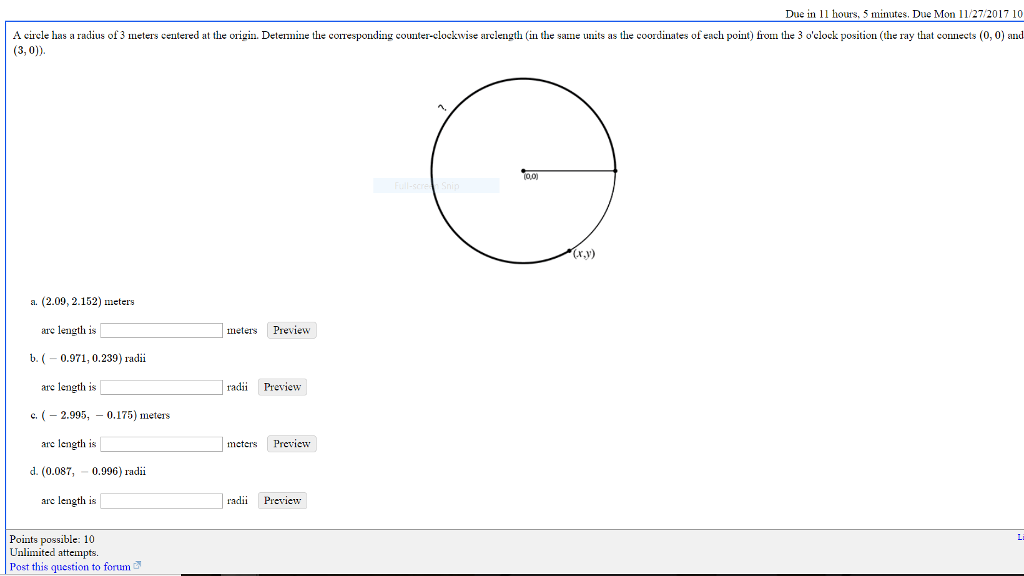 Solved A circle has a radius of 3 meters centered at the | Chegg.com