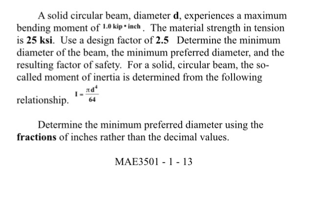 Solved A solid circular beam, diameter d, experiences a | Chegg.com