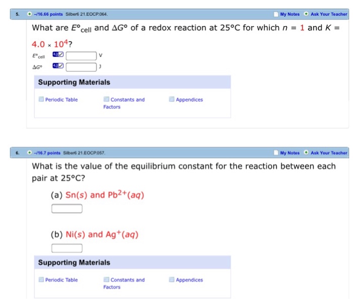Solved What are E and delta G of a redox reaction at 25 | Chegg.com