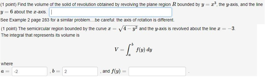 Solved (1 point) Find the volume of the solid of revolution | Chegg.com