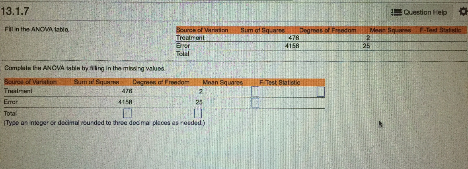 Solved Fill in the ANOVA table. Complete the ANOVA table by | Chegg.com