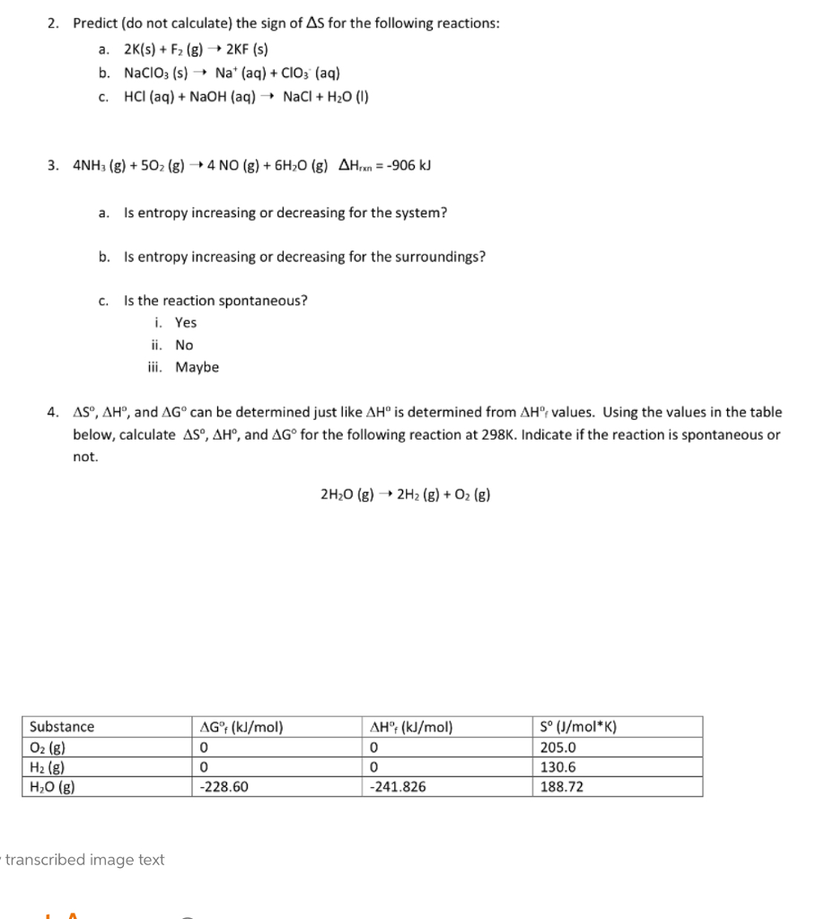 Solved 2. Predict (do not calculate) the sign of AS for the | Chegg.com