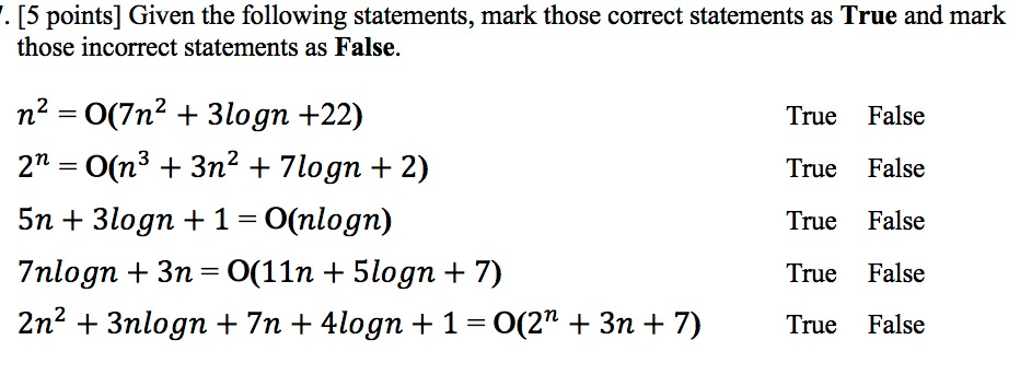 Solved 5 points] Given the following statements, mark those | Chegg.com