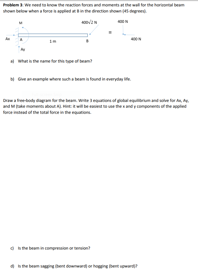 Solved Problem 3: We need to know the reaction forces and | Chegg.com