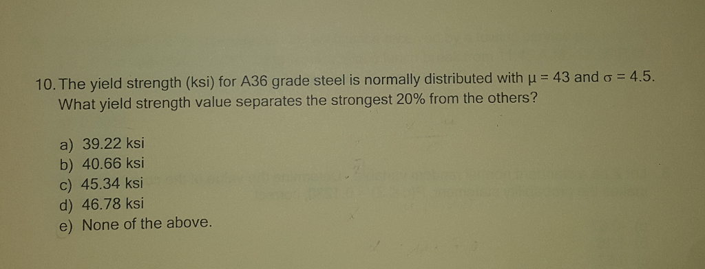 Solved 10. The yield strength (ksi) for A36 grade steel is | Chegg.com