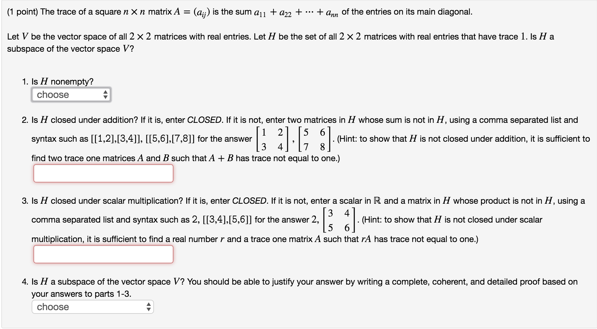 Solved The trace of a square n times n matrix A = (a_aij) is | Chegg.com