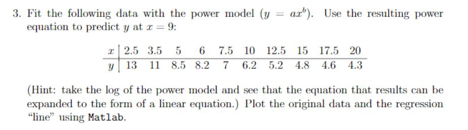 Solved 3. Fit the following data with the power mode Use the | Chegg.com