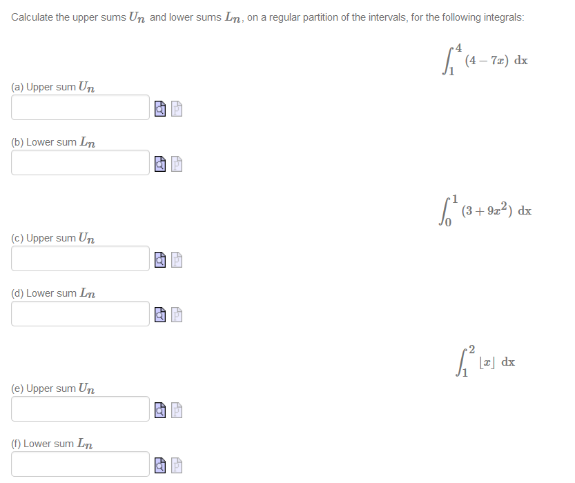Solved Calculate the upper sums Un and lower sums Ln, on a | Chegg.com