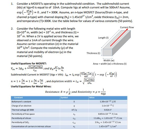Solved 1. Consider a MOSFETs operating in the subthreshold | Chegg.com