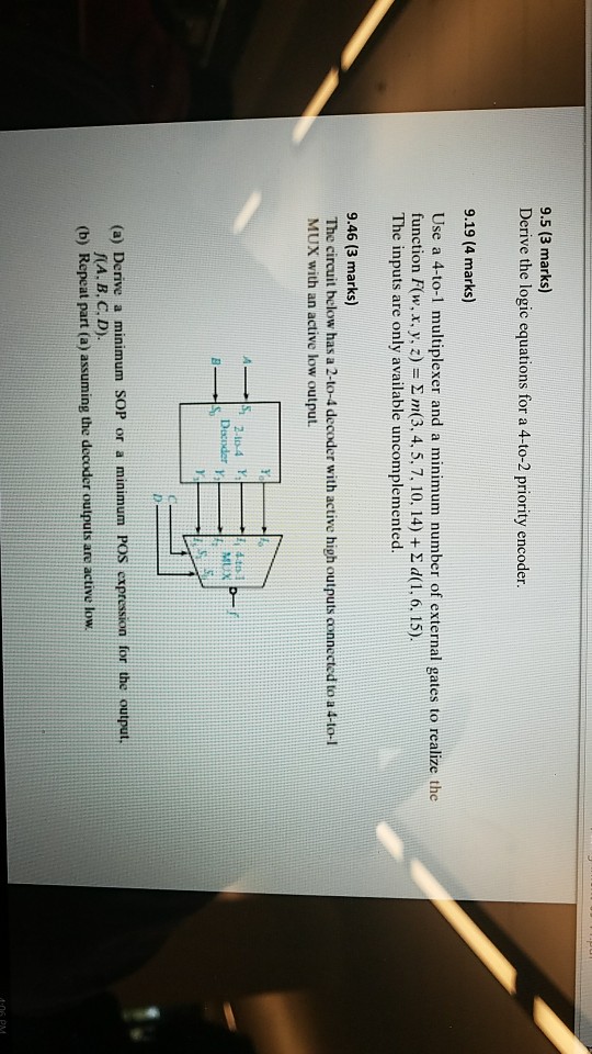 Solved 9.5 (3 marks) Derive the logic equations for a 4-to-2 | Chegg.com